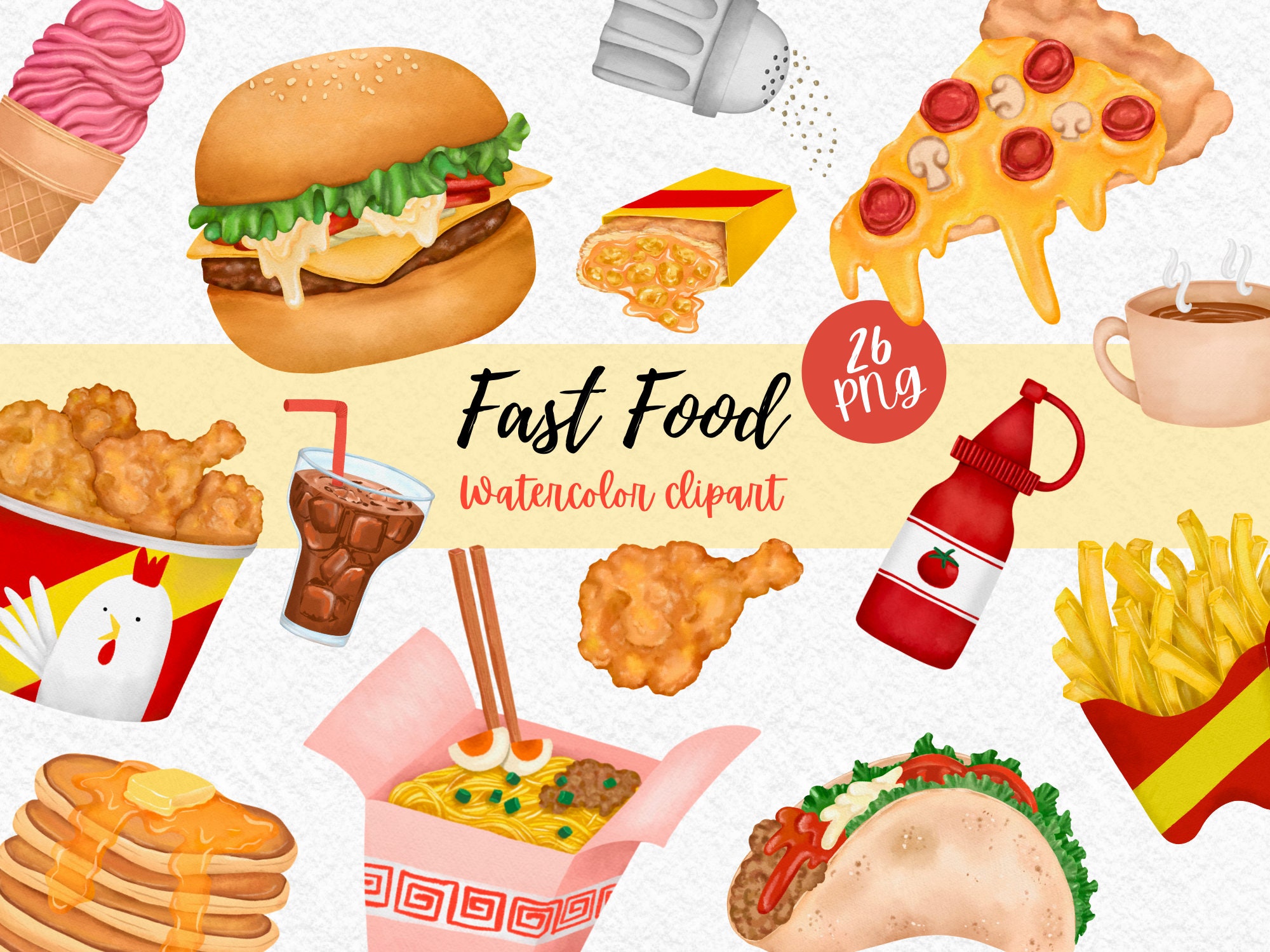 Fast Food Watercolor Digital Clipart PNG Download Junk Food Pizza Cheat ...