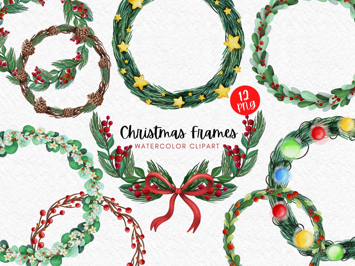 Christmas Frames Watercolor Clipart Holiday Greenery Wreath - Etsy