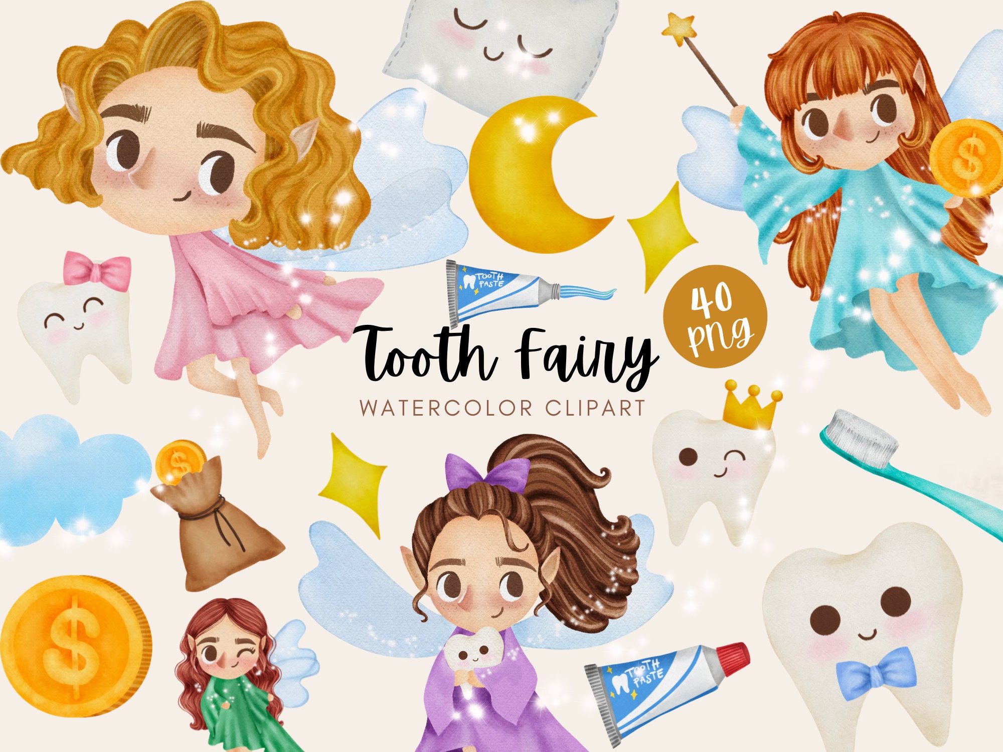Tooth Fairy Watercolor Digital Clipart PNG File,new Born,teeth,princess ...