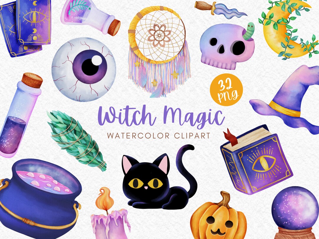 Witch Magic Watercolor Digital Clipart , Cute Magic Sticker, Witch PNG ...