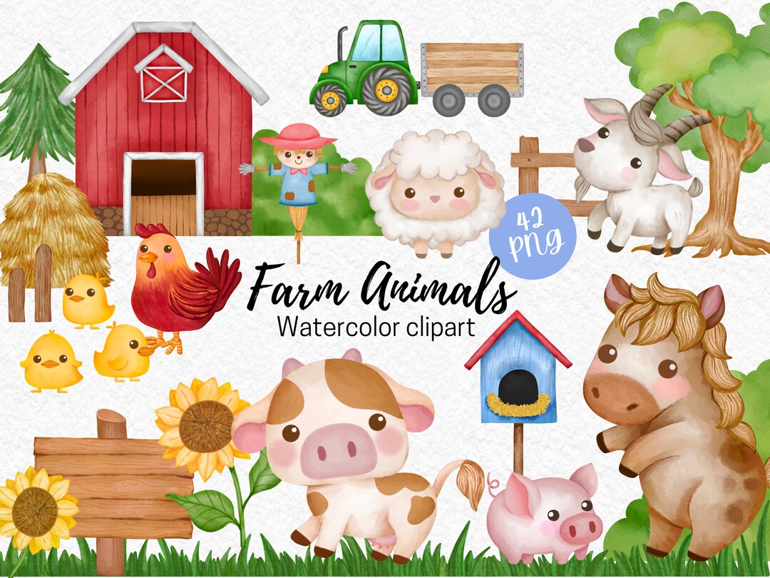 Farm Animals Watercolor Digital Clipart, Pet Farm, Baby Farm, Nursery ...