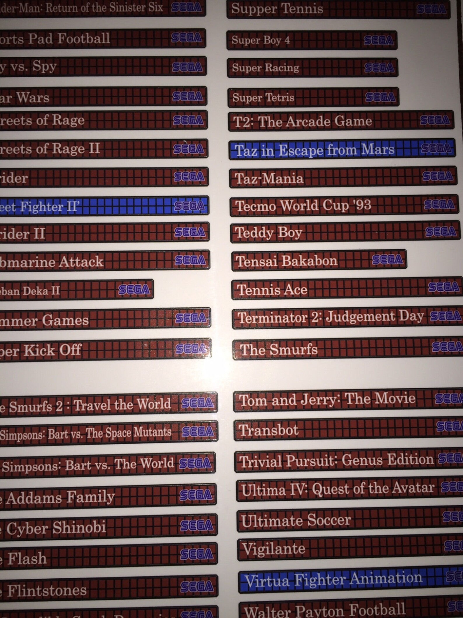 Sega Master System 338 End Labels for NA (includes Europe and Brazil ...