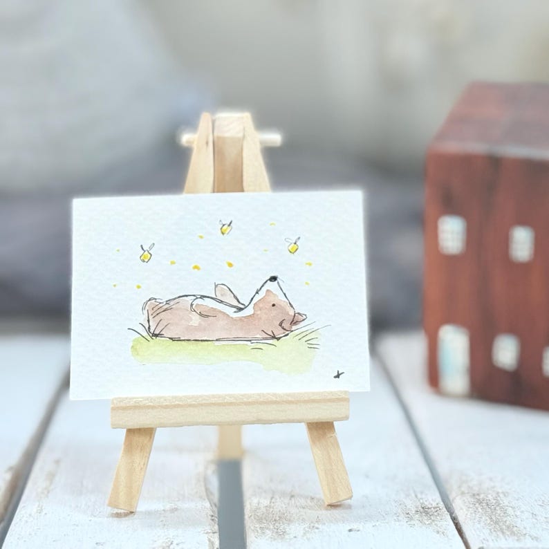 Original Watercolor Small Bear Painting: Whimsical Firefly Art - 2.5x3 ...