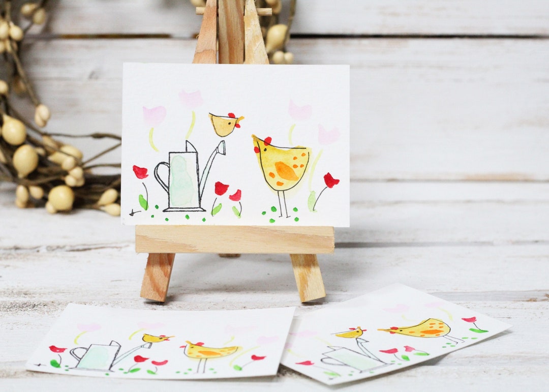 Watercolor Painting 2.5X3.5 CHICKEN Prints by Jen Star Small Whimsical ...