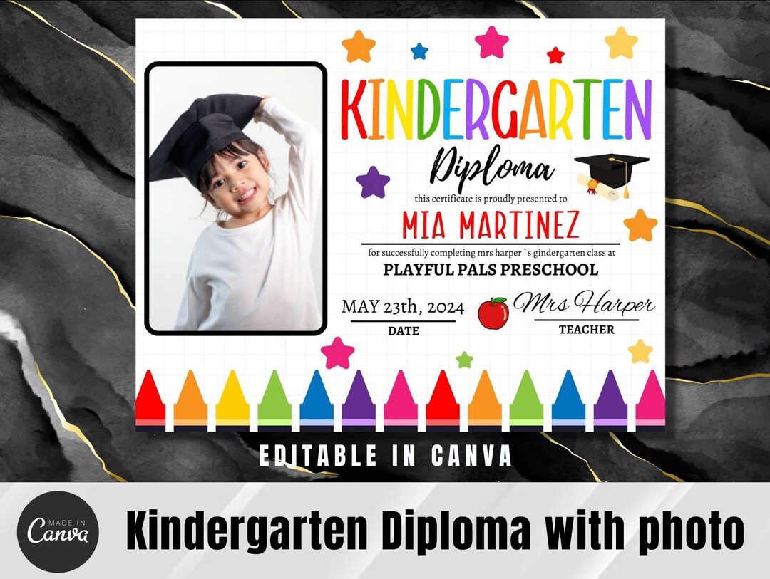 Editable Kindergarten Diploma With Photo, School Diploma Certificate ...