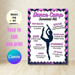 Dance Camp Survival Kit Printable Canva Editable Template, Gift Bag ...