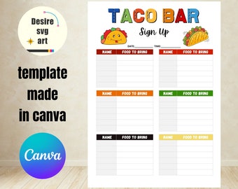 Sign up Sheet Template for Taco Bar, Printable Taco Party Sign Up ...