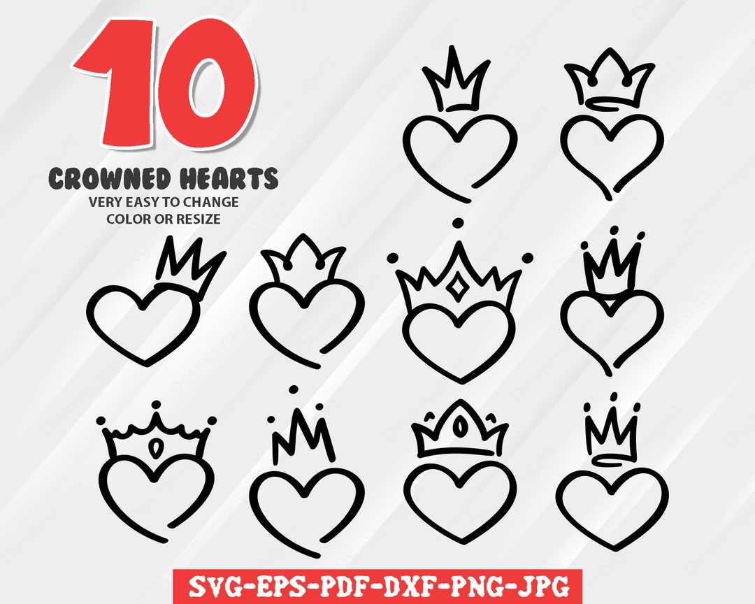 Hand Drawn Crowned Hearts Svg, Doodle Princess Svg, King and Queensvg ...
