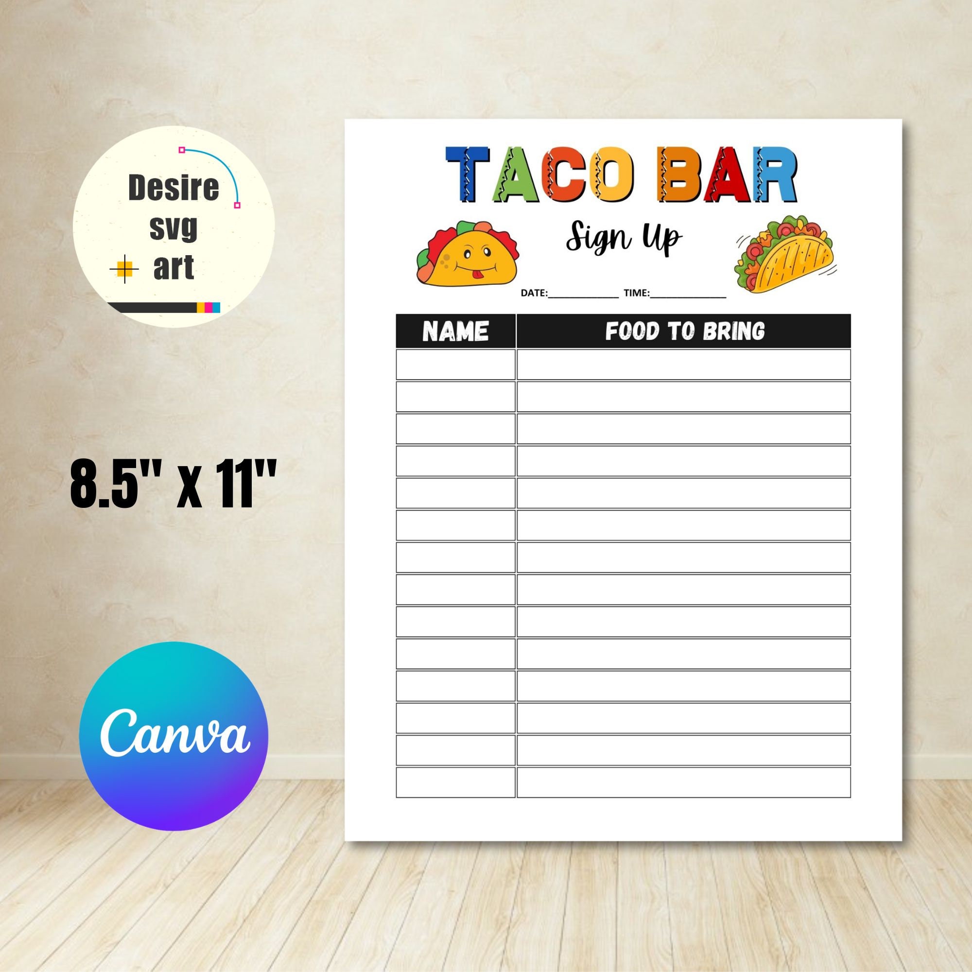 Taco Fiesta: Stylish Taco Bar Sign up Sheet Template Printable for ...