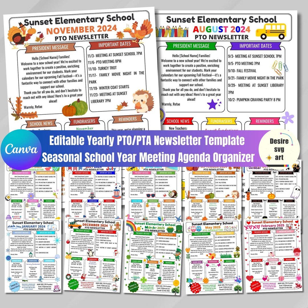 Editable Yearly PTO/PTA Newsletter Template | Seasonal School Year ...