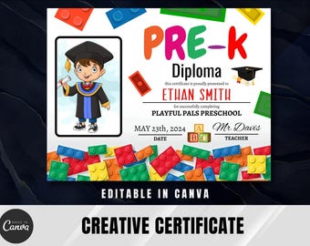 Editable Pre-k Diploma Graduation Pre-k Certificate School Graduation ...