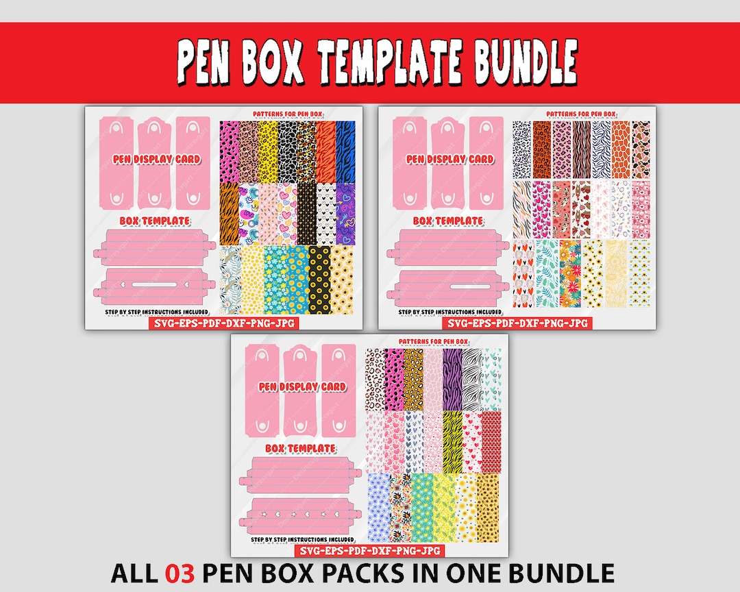 Pen Box Template Bundle, Glitter Pen Patterns Svg, Pen Display Card Svg ...