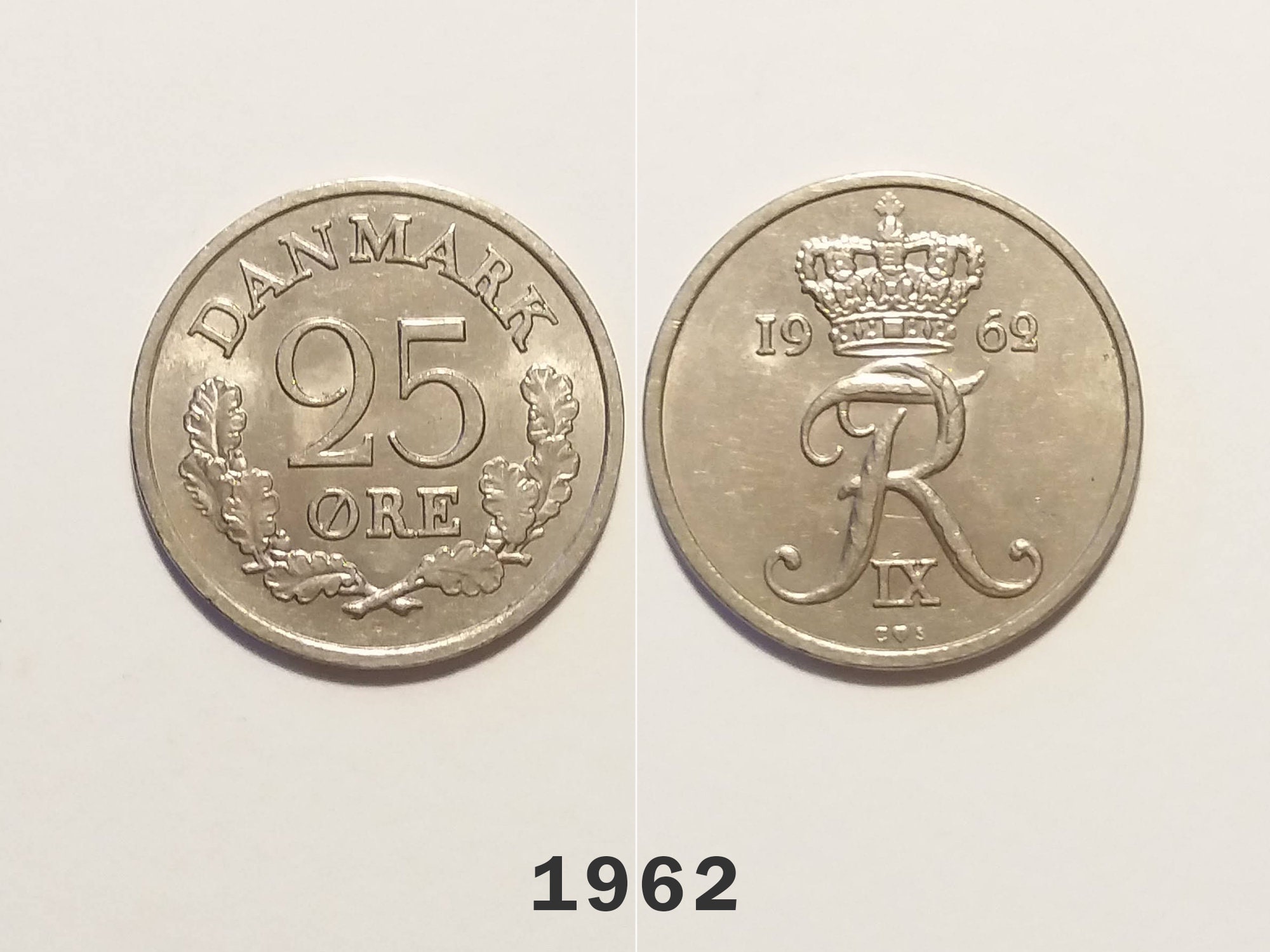 Danish 25 Ore 1960, 1961, 1962, 1964, 1965, 1966, 1967. Vintage Coin 56 ...