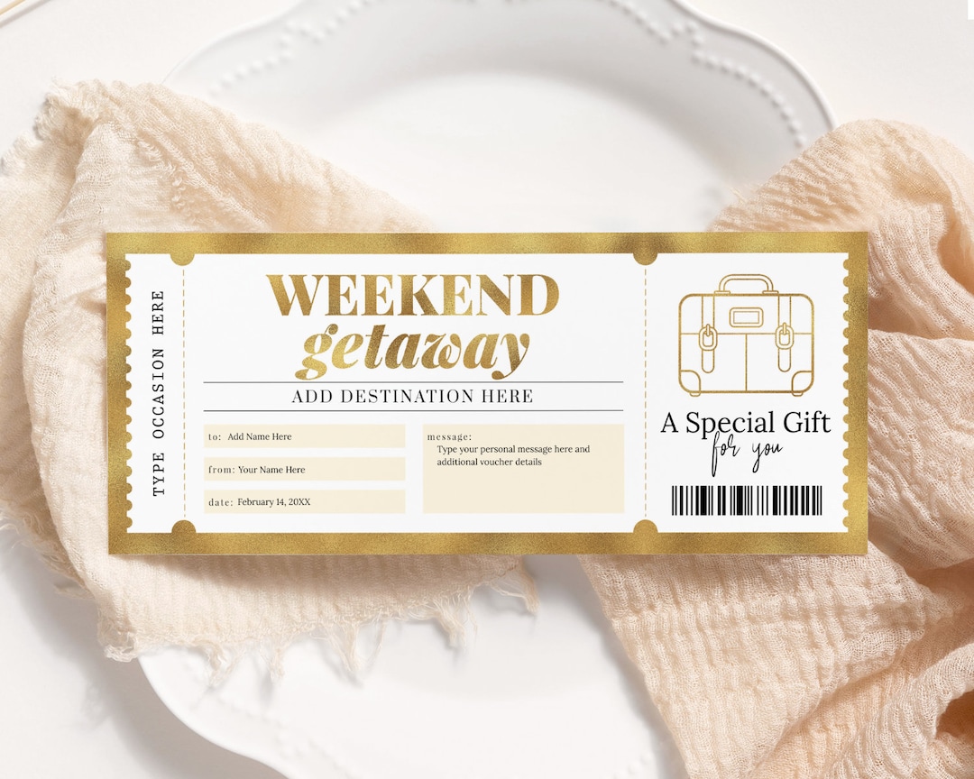 Weekend Getaway Gold Voucher EDITABLE, Surprise Weekend Away Ticket ...