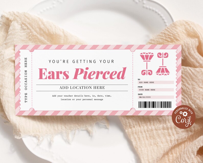 Ear Piercing Pink Gift Certificate EDITABLE Ear Piercing Gift - Etsy