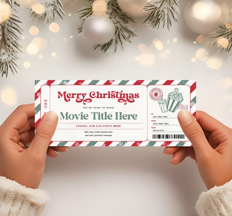 Christmas Movie Ticket EDITABLE, Holiday Cinema Gift Ticket Template ...