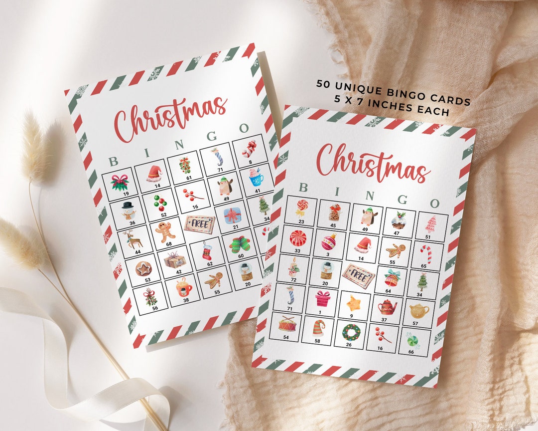 50 Christmas Bingo Cards, Printable Fun Family Christmas Game, Holiday ...