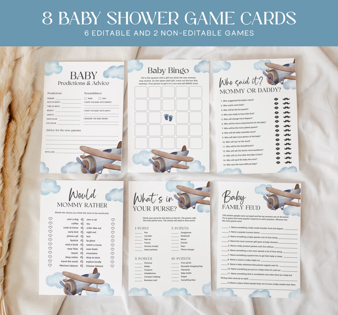 Blue Airplane Baby Shower Games Bundle EDITABLE, 8 Vintage Plane Baby ...