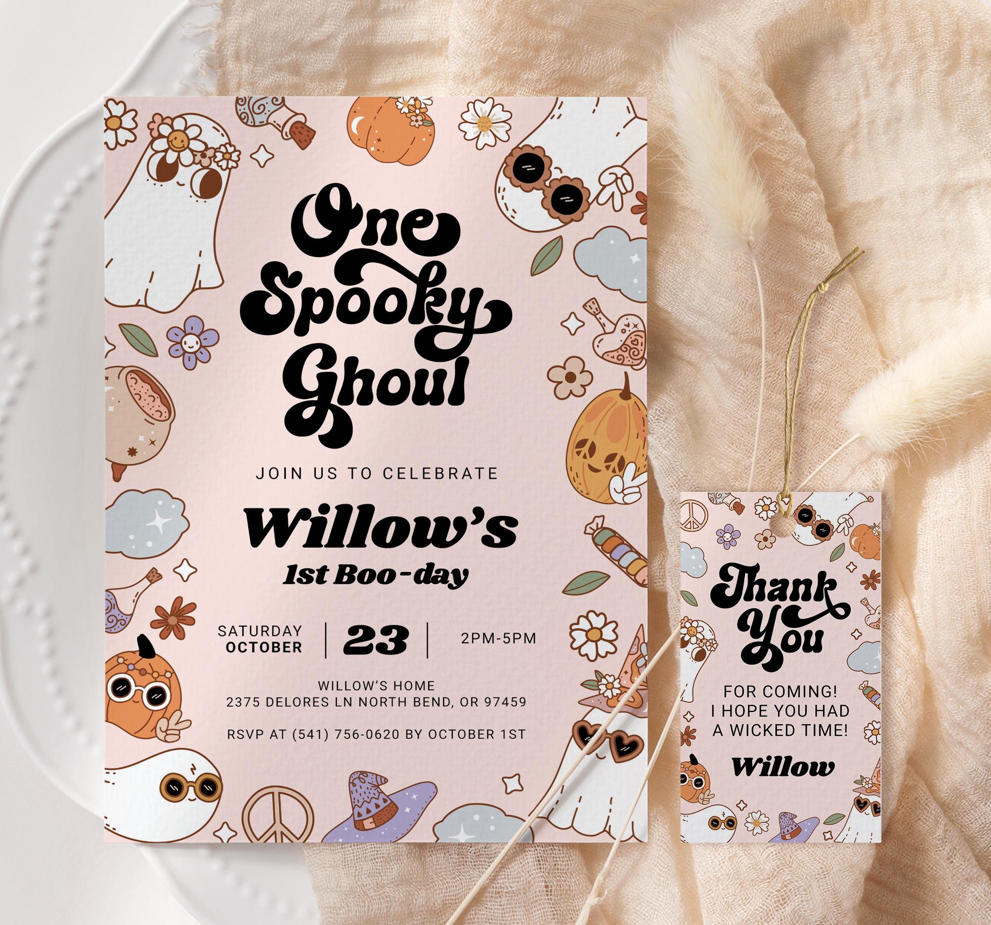 One Spooky Ghoul Birthday Invitation EDITABLE, Groovy Halloween 1st ...
