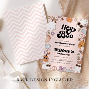 Pink Halloween Ghost Birthday Invitation EDITABLE, Groovy Hey Boo ...