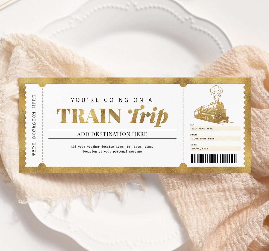 Train Ticket Gold Voucher EDITABLE, Surprise Travel Trip Gift ...