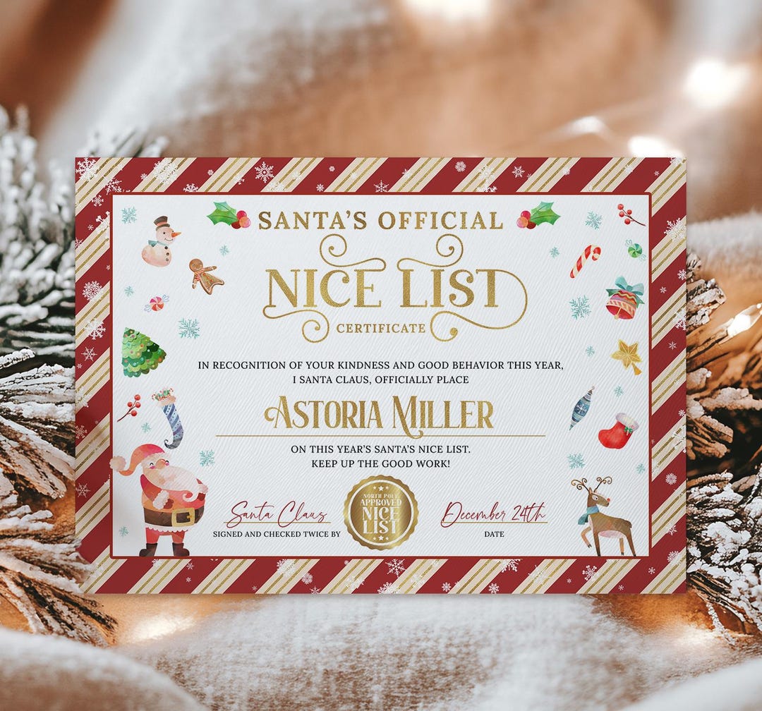 Santa Official Nice List Certificate EDITABLE, Elf Nice List ...