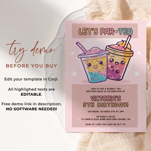 Boba Tea Birthday Invitation EDITABLE, Bubble Tea Birthday Party ...
