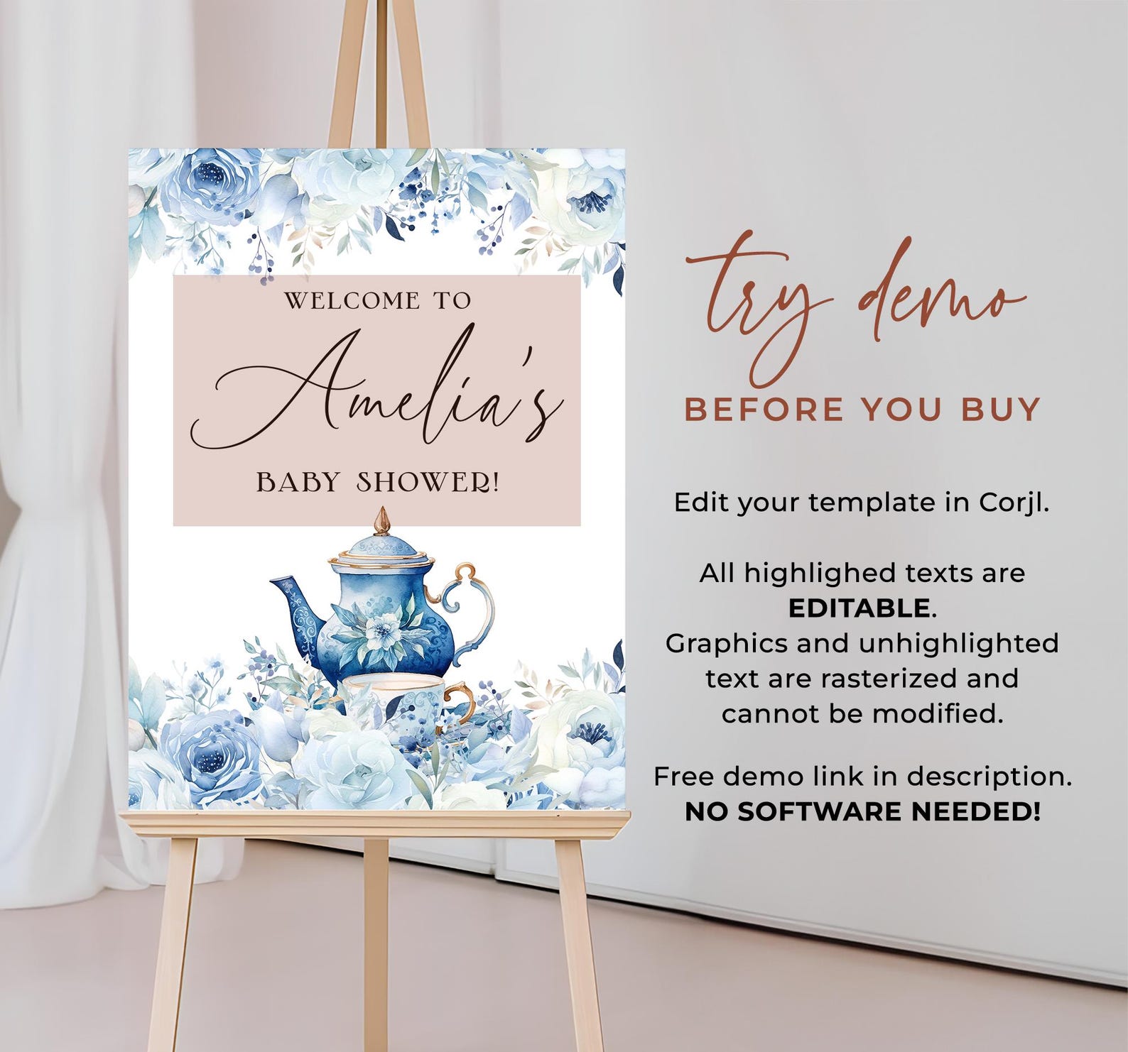 Blue Floral Tea Party Welcome Sign EDITABLE, High Tea Welcome Poster ...