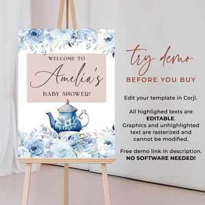 Blue Floral Tea Party Welcome Sign EDITABLE, High Tea Welcome Poster ...