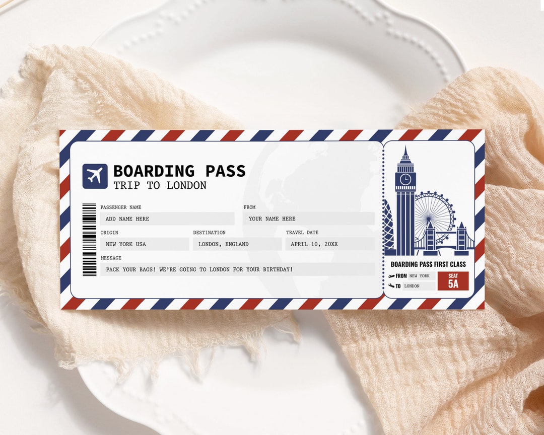 London Boarding Pass Editable England Surprise Trip T Ticket Printable Trip Voucher Flight