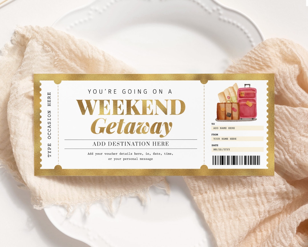 Weekend Getaway Gold Voucher EDITABLE, Surprise Weekend Away Ticket ...