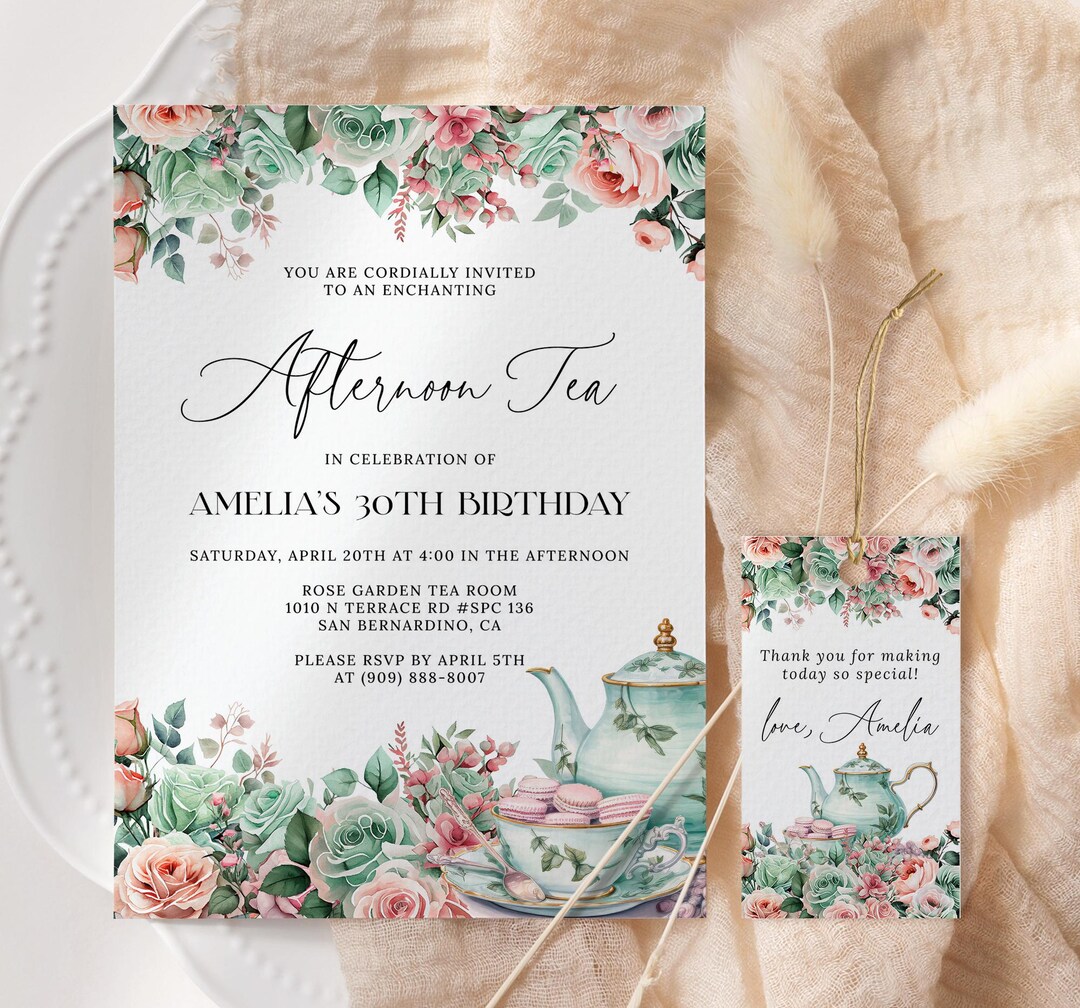 Green Afternoon Tea Party Birthday Invitation EDITABLE, Pink and Green ...