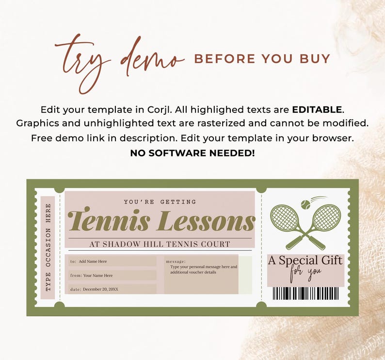 Tennis Lesson Certificate EDITABLE, Tennis Lesson Voucher Printable ...