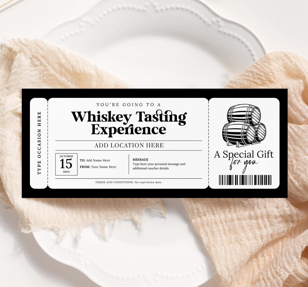 Whiskey Tasting Gift Certificate EDITABLE, Whiskey Tour Gift Voucher ...
