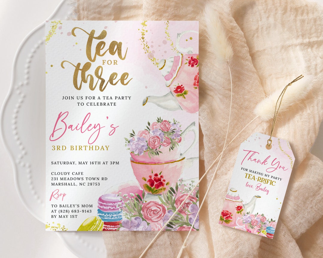 Tea for Three Birthday Invitation EDITABLE, Tea 3rd Birthday Party, Par ...