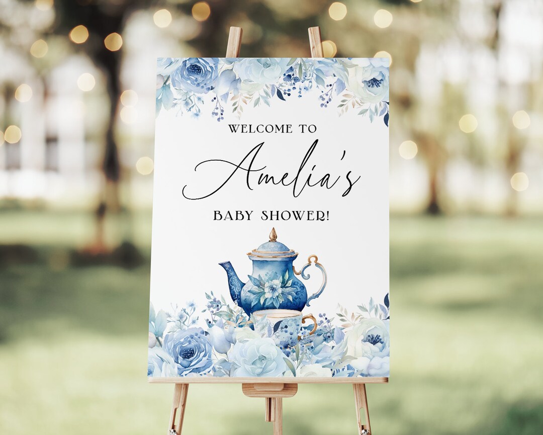 Blue Floral Tea Party Welcome Sign EDITABLE, High Tea Welcome Poster ...