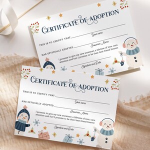 Adopt a Snowman Sign and Certificate, Christmas Birthday Adoption Sign ...