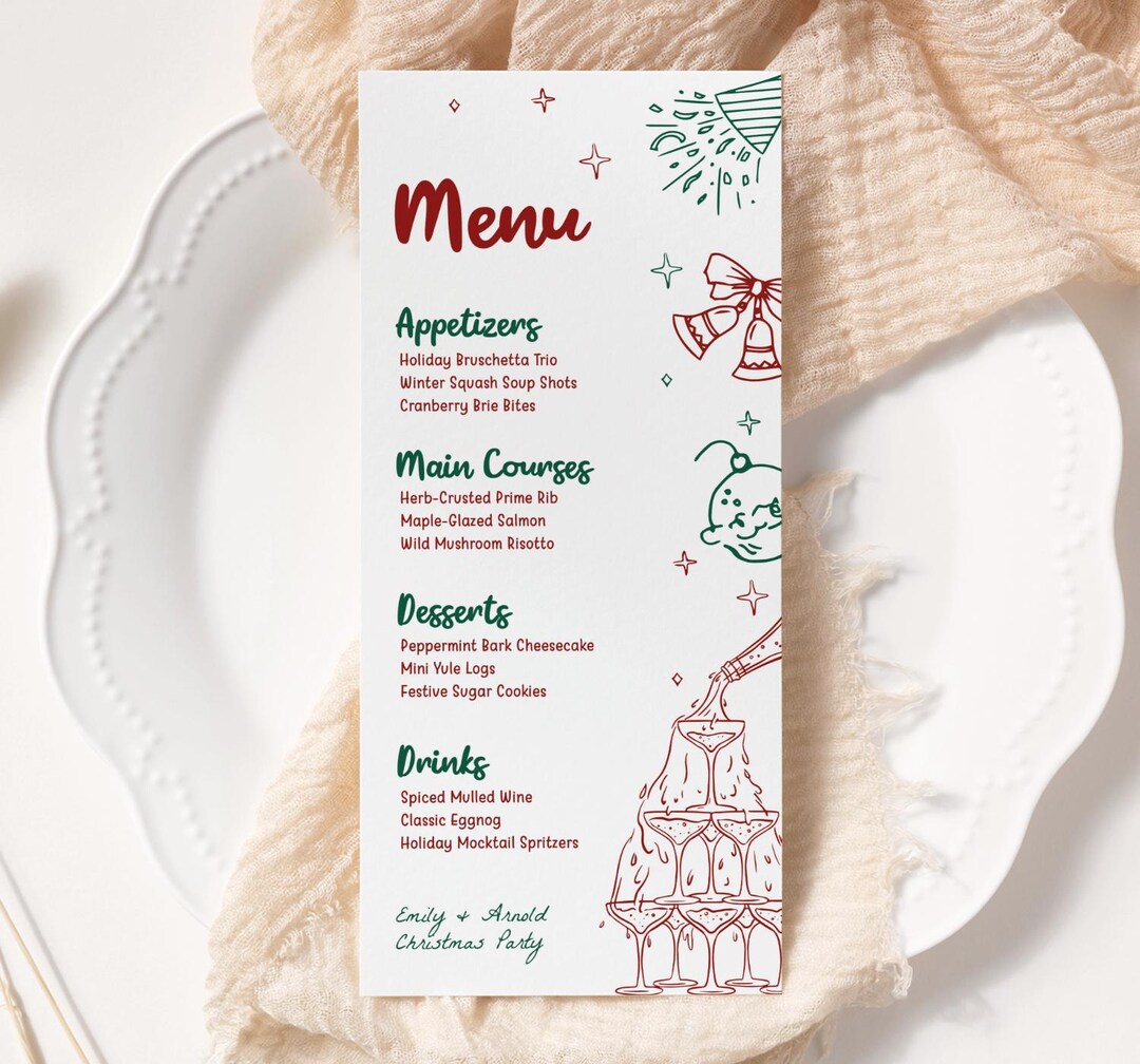 Hand Drawn Christmas Party Menu Template EDITABLE, Printable Fun ...