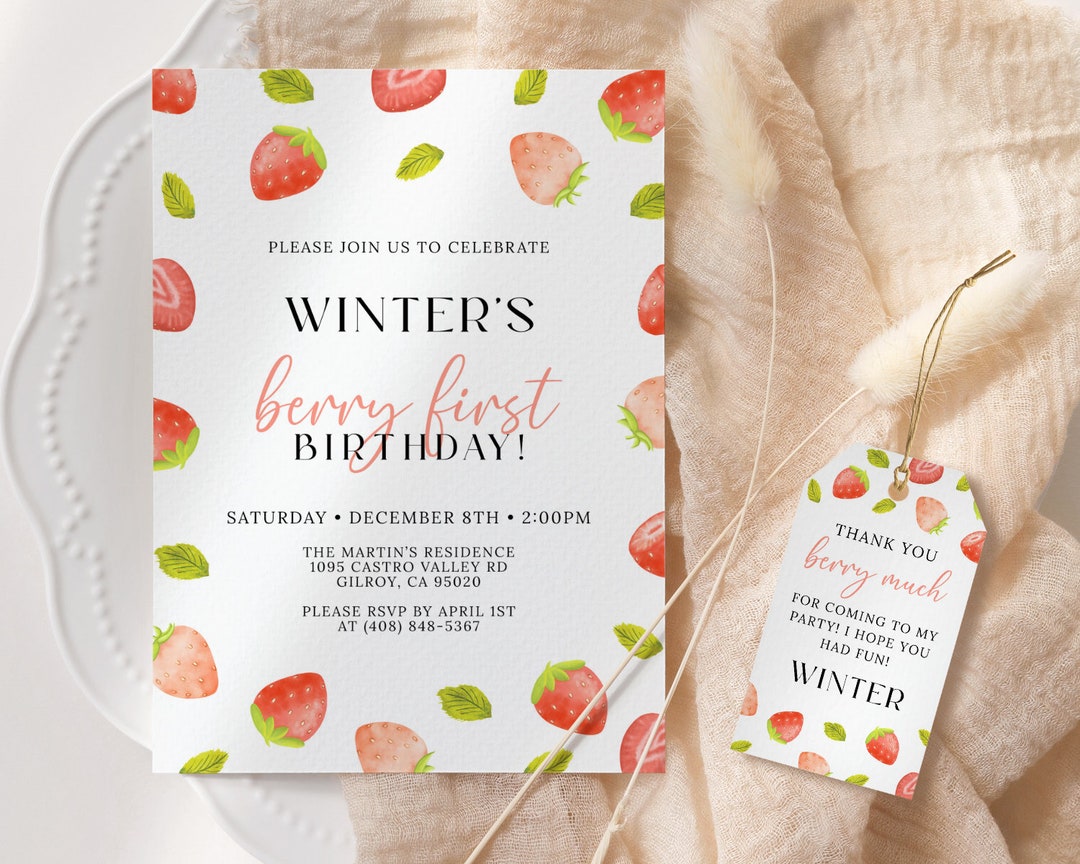 Berry First Birthday Invitation EDITABLE, Strawberry 1st Birthday Party ...
