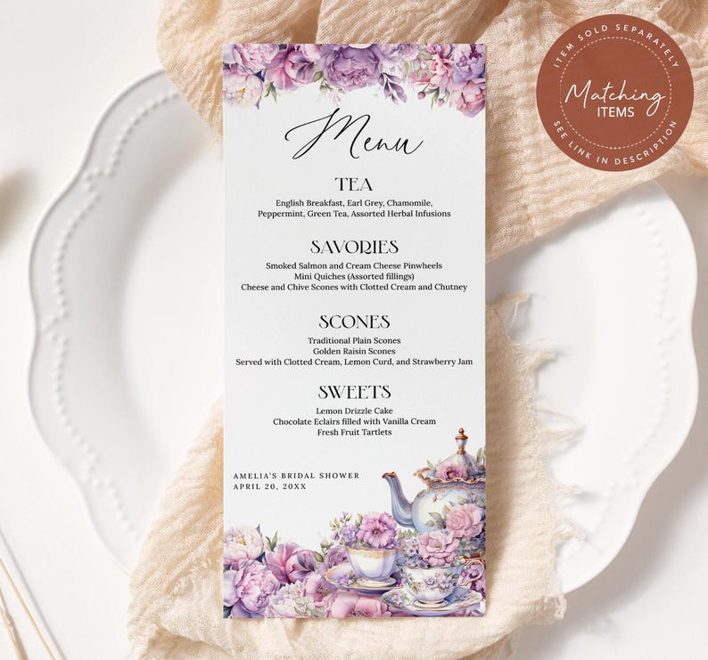 Purple Afternoon Tea Birthday Invitation EDITABLE, Lavender Floral High ...