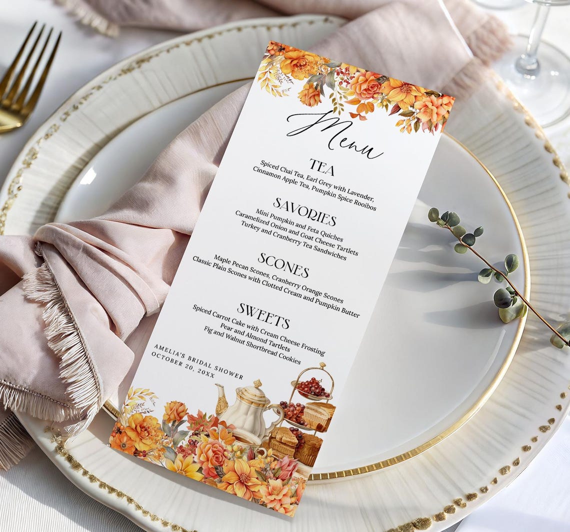 Autumn Floral Tea Party Menu Template EDITABLE, Fall High Tea Menu Card ...