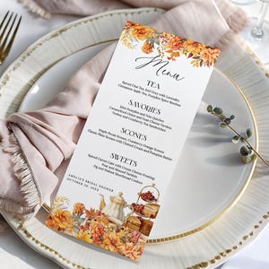Autumn Floral Tea Party Menu Template EDITABLE, Fall High Tea Menu Card ...