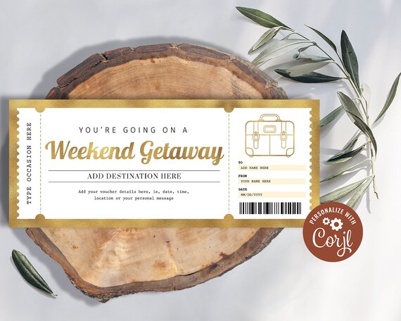 Weekend Getaway Gold Voucher EDITABLE, Weekend Away Trip Ticket ...