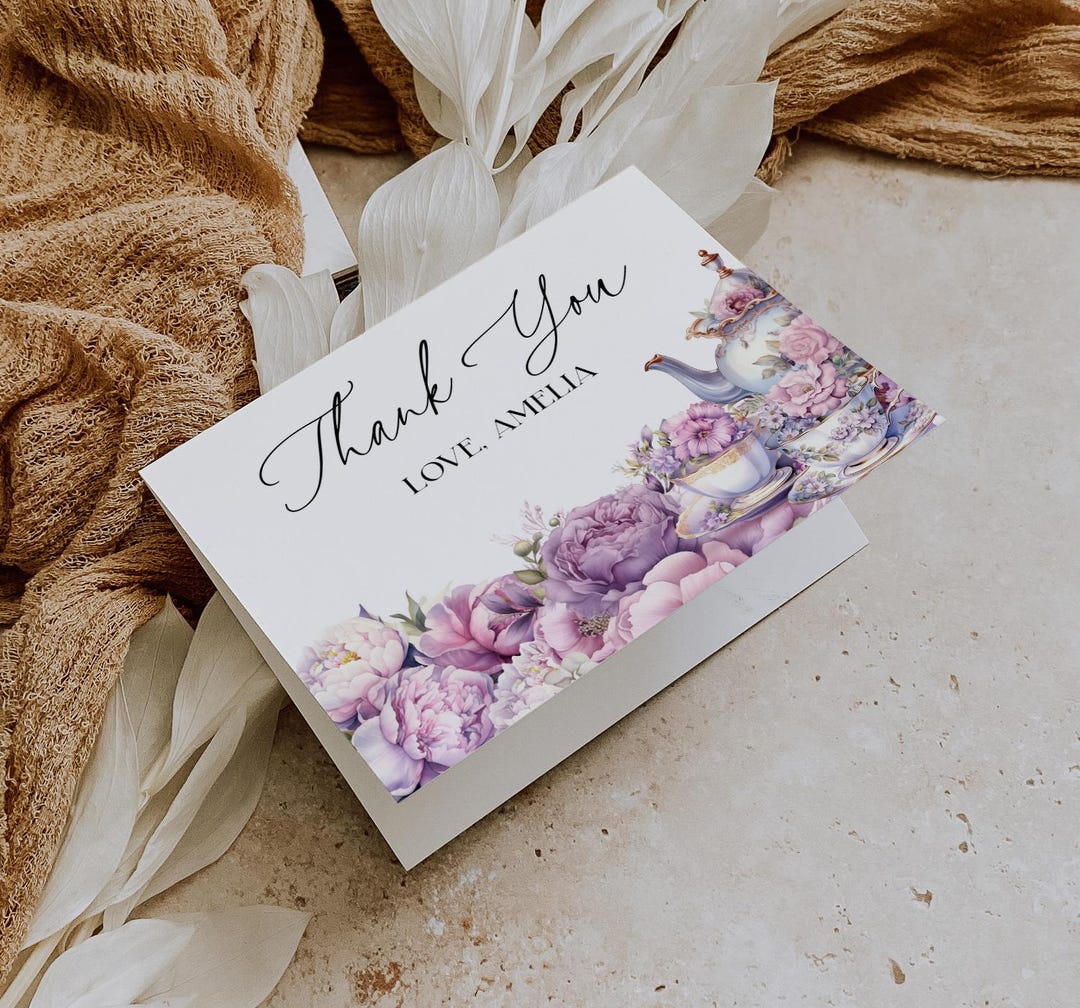 Purple Floral Tea Thank You Cards EDITABLE, Folded Thank You Card ...