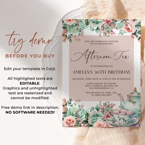 Green Afternoon Tea Party Birthday Invitation EDITABLE, Pink and Green ...