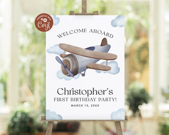 Airplane Party Welcome Sign EDITABLE, Vintage Airplane First Birthday ...