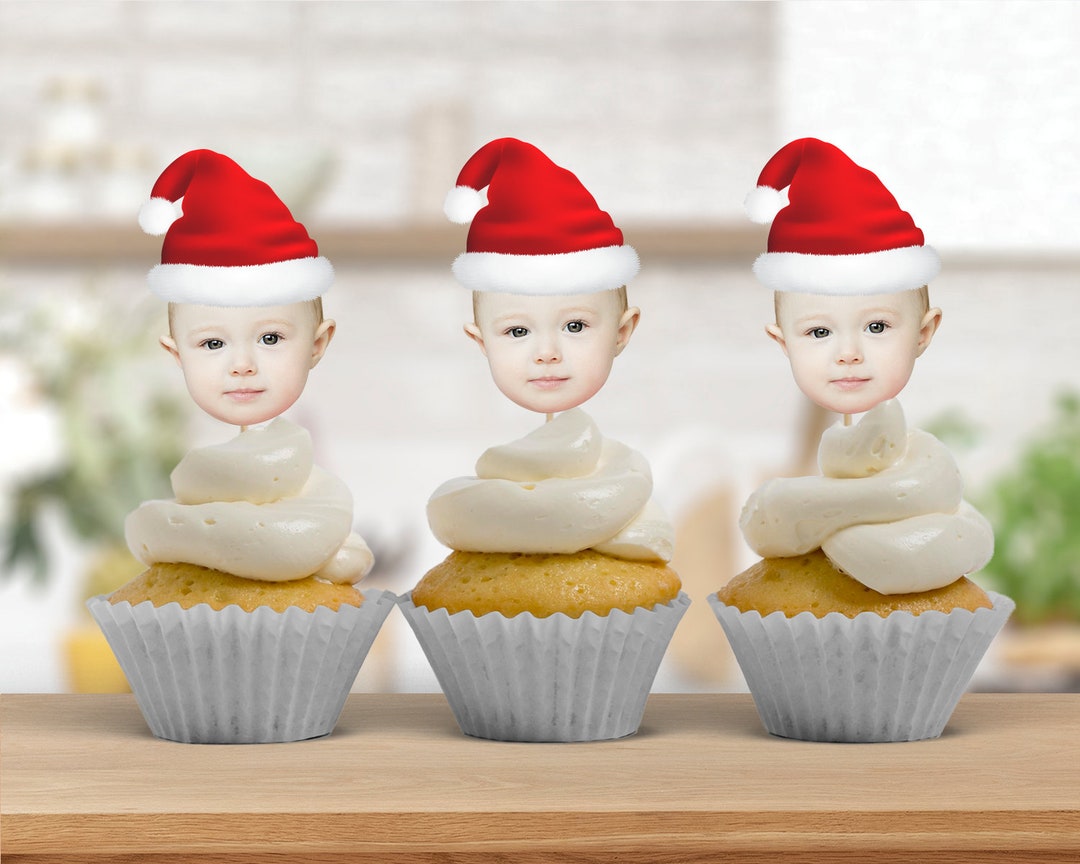 Santa Photo Cupcake Toppers, Personalized Santa Hat Picture Cupcake ...