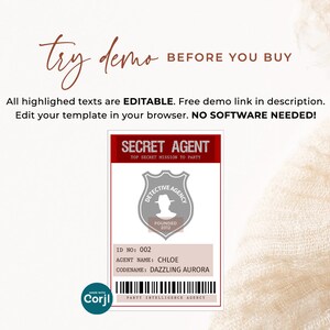 Secret Agent Party Badge EDITABLE, Spy Name Tag, Spy ID Passes ...