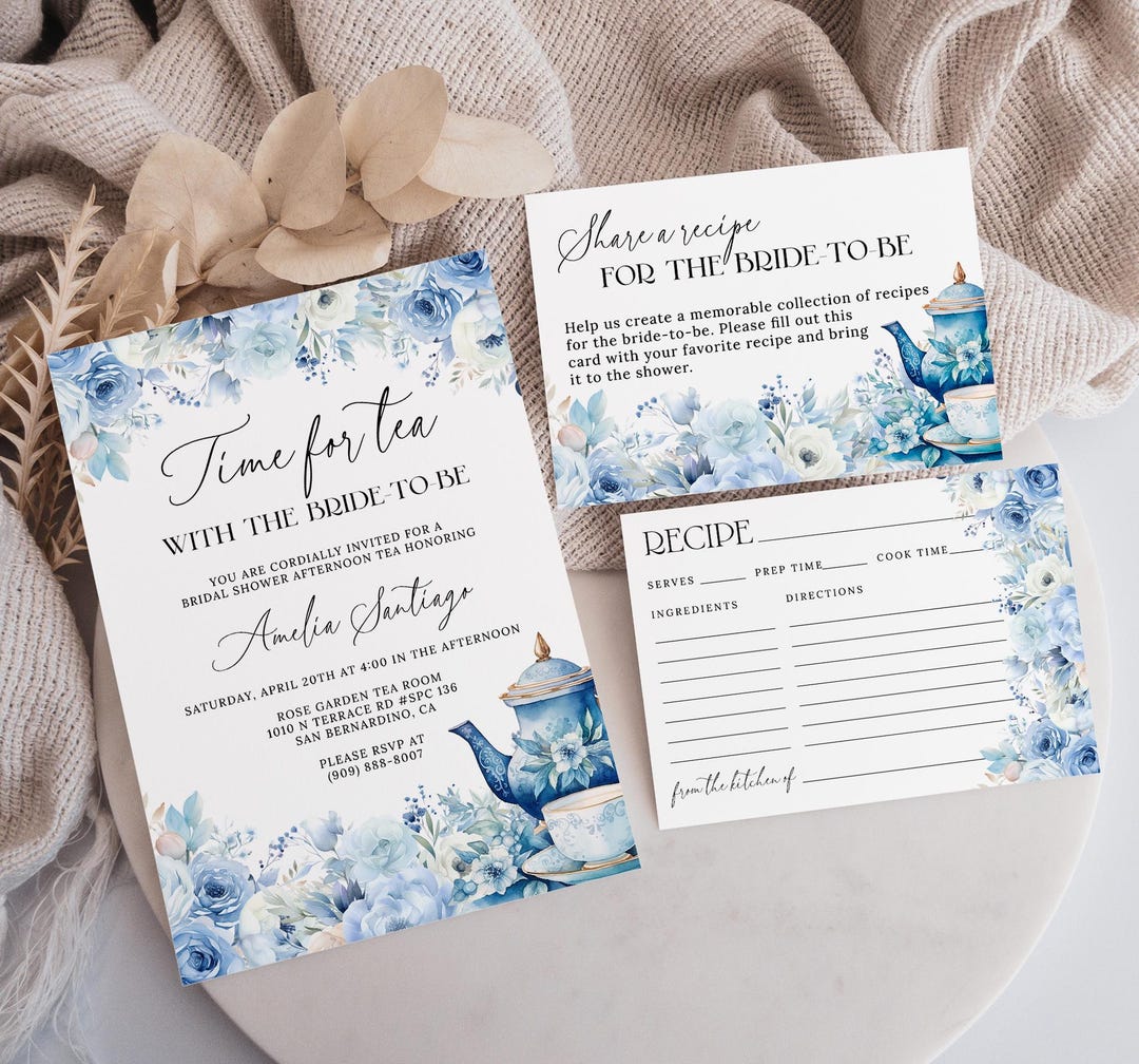 Blue Tea Time With Bride Invitation Set EDITABLE, Dusty Blue Floral ...