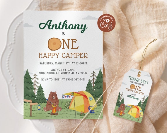 One Happy Camper Birthday Invitation EDITABLE, First Birthday Invitation, Camping Birthday Party ...